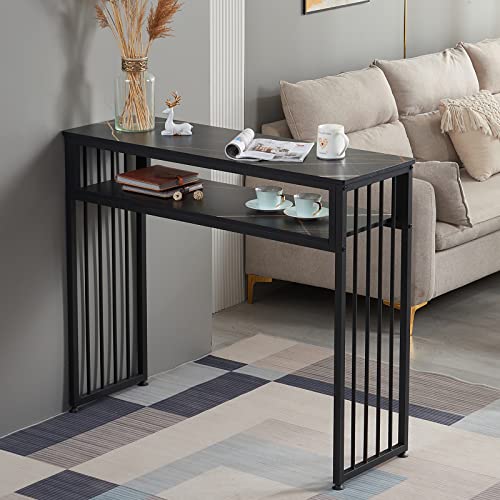 GOLASON Black Bar Table, High Top Pub Tables for Kitchen, Modern Dinning Table with Open Storage Shelf