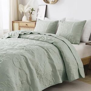 B2EVER Damask Quilt King Size Bedding Sets with Pillow Shams, Boho Lightweight Soft Bedspread Coverlet, Sage Green Quilted Blanket Thin Comforter Bed Cover for All Season, 3 Pieces, 104x90 inches