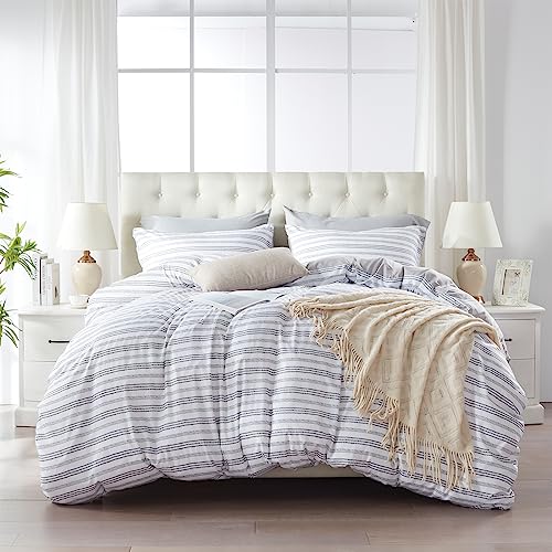 La Sheer 3pcs Striped Farmhouse Duvet Cover Sets King Size - Reversible White Duvet Cover with Grey Rugged Stripes Pattern Printed Comforter Cover,with Zipper Closure & Corner Ties