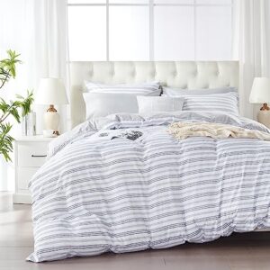 La Sheer 3pcs Striped Farmhouse Duvet Cover Sets King Size - Reversible White Duvet Cover with Grey Rugged Stripes Pattern Printed Comforter Cover,with Zipper Closure & Corner Ties