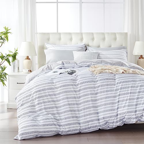 La Sheer 3pcs Striped Farmhouse Duvet Cover Sets King Size - Reversible White Duvet Cover with Grey Rugged Stripes Pattern Printed Comforter Cover,with Zipper Closure & Corner Ties