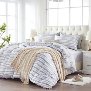 La Sheer 3pcs Striped Farmhouse Duvet Cover Sets King Size - Reversible White Duvet Cover with Grey Rugged Stripes Pattern Printed Comforter Cover,with Zipper Closure & Corner Ties