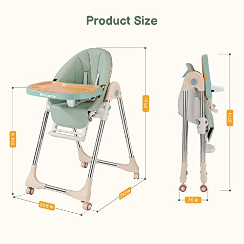 Ezebaby Baby High Chair, Portable High Chair with Adjustable Heigh and Recline, Foldable High Chair for Babies and Toddler with 4 Wheels, High Chair for Toddlers with Removable Tray-(Green)