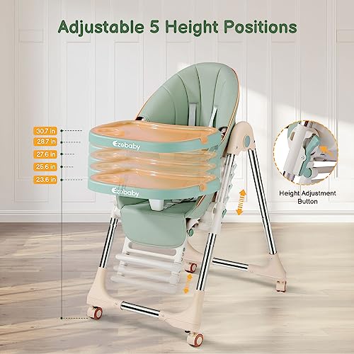 Ezebaby Baby High Chair, Portable High Chair with Adjustable Heigh and Recline, Foldable High Chair for Babies and Toddler with 4 Wheels, High Chair for Toddlers with Removable Tray-(Green)