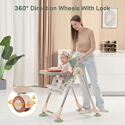 Ezebaby Baby High Chair, Portable High Chair with Adjustable Heigh and Recline, Foldable High Chair for Babies and Toddler with 4 Wheels, High Chair for Toddlers with Removable Tray-(Green)