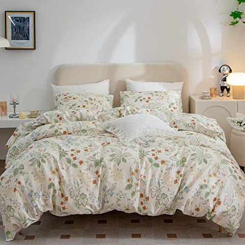 Floral Duvet Covers Queen, 100% Cotton Chic Floral Bedding Sets Queen 3 Pieces Green Red Flower Leaves Queen Duvet Cover Floral, 1 Duvet Cover and 2 Pillowcases with Zipper Closure (Flower, Queen)