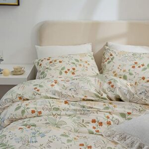 Floral Duvet Covers Queen, 100% Cotton Chic Floral Bedding Sets Queen 3 Pieces Green Red Flower Leaves Queen Duvet Cover Floral, 1 Duvet Cover and 2 Pillowcases with Zipper Closure (Flower, Queen)