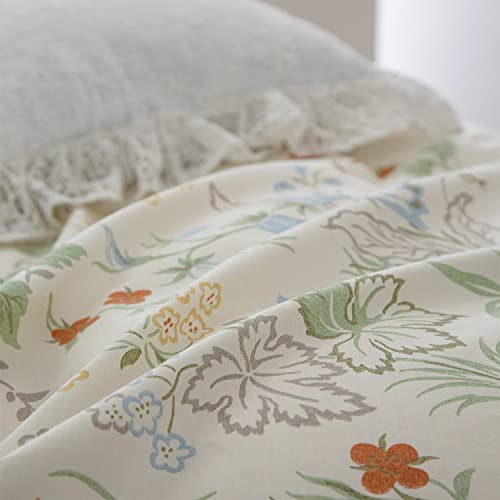 Floral Duvet Covers Queen, 100% Cotton Chic Floral Bedding Sets Queen 3 Pieces Green Red Flower Leaves Queen Duvet Cover Floral, 1 Duvet Cover and 2 Pillowcases with Zipper Closure (Flower, Queen)