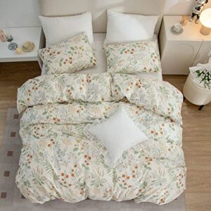 Floral Duvet Covers Queen, 100% Cotton Chic Floral Bedding Sets Queen 3 Pieces Green Red Flower Leaves Queen Duvet Cover Floral, 1 Duvet Cover and 2 Pillowcases with Zipper Closure (Flower, Queen)