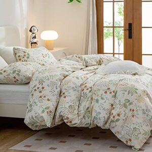 Floral Duvet Covers Queen, 100% Cotton Chic Floral Bedding Sets Queen 3 Pieces Green Red Flower Leaves Queen Duvet Cover Floral, 1 Duvet Cover and 2 Pillowcases with Zipper Closure (Flower, Queen)