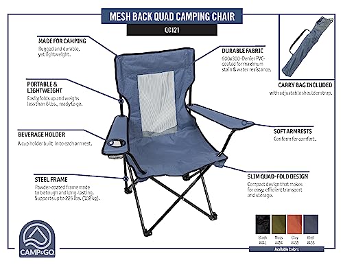 CAMP&GO Portable Folding Mesh Back Quad Camping Chair with Cup Holders and Carrying Bag, Steel