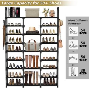 Kayfia 9 Tiers Shoe Rack Shoe Organizer Storage with Non-Woven Fabric Tall Shoe Shelf Shoe Stand Holds 50-55 Pairs Boots Sturdy Metal Shoe Rack Stackable Free Standing Shoe Racks for Entryway, Black