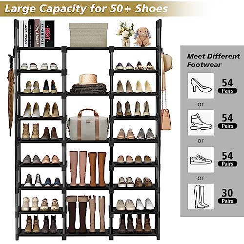 Kayfia 9 Tiers Shoe Rack Shoe Organizer Storage with Non-Woven Fabric Tall Shoe Shelf Shoe Stand Holds 50-55 Pairs Boots Sturdy Metal Shoe Rack Stackable Free Standing Shoe Racks for Entryway, Black