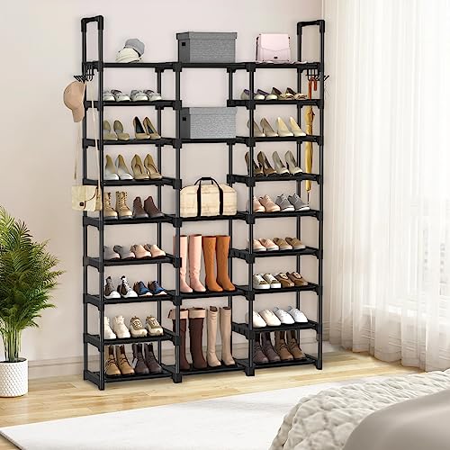 Kayfia 9 Tiers Shoe Rack Shoe Organizer Storage with Non-Woven Fabric Tall Shoe Shelf Shoe Stand Holds 50-55 Pairs Boots Sturdy Metal Shoe Rack Stackable Free Standing Shoe Racks for Entryway, Black