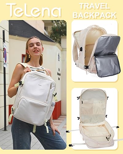 Telena Travel Backpack for Women Large Carry On Backpack Airline Approved Personal Item Backpack with USB Charging Port Waterproof Casual Bag, Beige