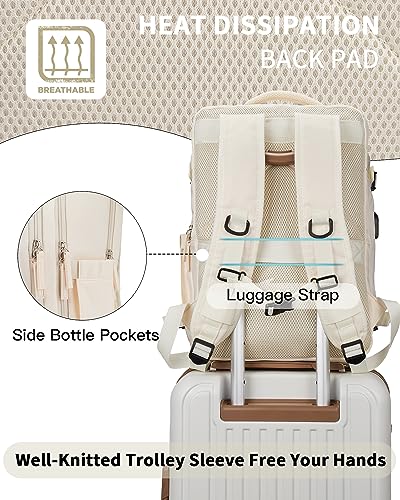 Telena Travel Backpack for Women Large Carry On Backpack Airline Approved Personal Item Backpack with USB Charging Port Waterproof Casual Bag, Beige