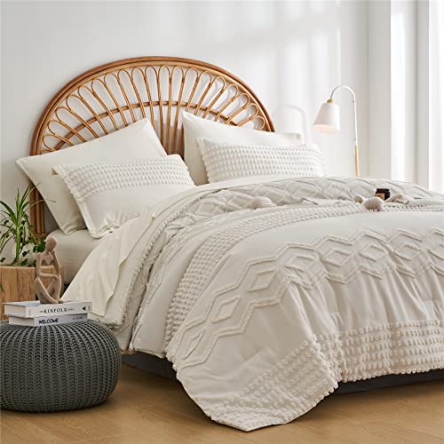 KAKIJUMN White Tufted Comforter Set King Size 7 Piece Bed in a Bag, Shabby Chic Boho Comforter and Sheet Set, Pom Pom Textured Bed Set, All Season Soft Microfiber Complete Bedding Set(White,King)