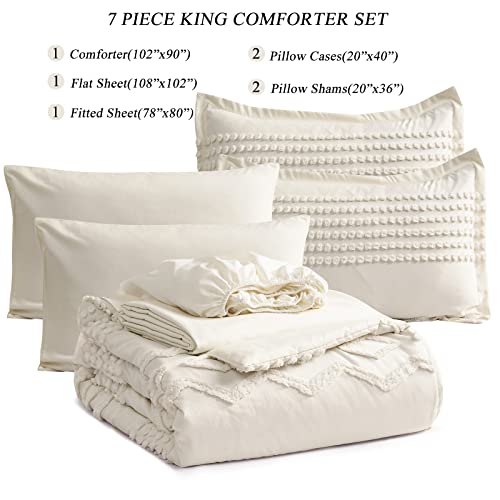 KAKIJUMN White Tufted Comforter Set King Size 7 Piece Bed in a Bag, Shabby Chic Boho Comforter and Sheet Set, Pom Pom Textured Bed Set, All Season Soft Microfiber Complete Bedding Set(White,King)