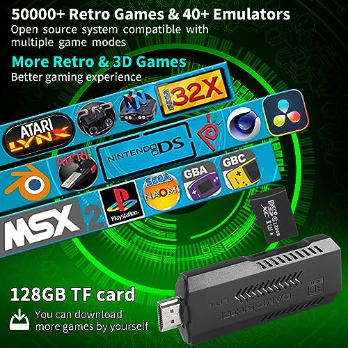 Wireless Retro Game Console, 128G Game Stick Built in 50,000 Games, 40+ Emulators, Dual Wireless Controllers, Plug & Play Video Game Consoles, 4K HDMI Nostalgia Stick Game for TV