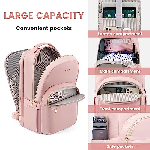 LOVEVOOK Work Backpack for Women, fits 15.6 Inch Laptop, Large Capacity Laptop Backpack with Luggage Strap, Waterproof Lightweight Backpack Purse, Fashionable for Business, Travel, Pink