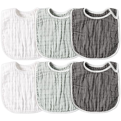 Zainpe 6Pcs Snap Muslin Cotton Baby Bibs White Grey Infants Drooling Bib Soft & Absorbent Adjustable Unisex Burp Cloths Feeding Bibs for Toddlers Girls Boys Newborns Eating Teething 0-24 Months