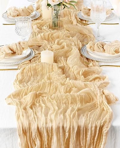 DearHouse 6Pack Cheesecloth Table Runner, Cheese Cloth Boho Gauze Table Runner for Wedding Bridal Baby Shower Birthday Holiday Party Rustic Sheer Table Decorations (Champagne)