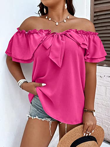 MakeMeChic Women's Plus Size Off Shoulder Tie Front Layered Ruffle Short Sleeve Blouse Top Hot Pink 2XL