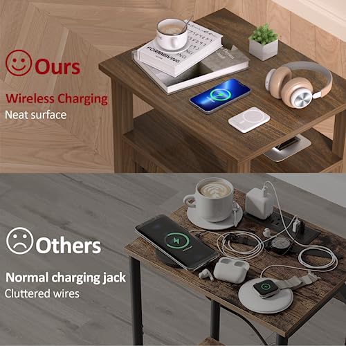 FAGAGA End Table with Charging Station, Side Table with Storage, Wireless Charging End Table for Living Room,Dark Walnut Nightstand with Adjustable Shelf