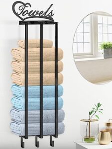 towel racks for bathroom wall mounted, new upgraded 3 in 1 wall towel rack for rolled towels, bathroom towel storage with 3 hooks, metal bath towel holder for folded large towel washcloths (black)