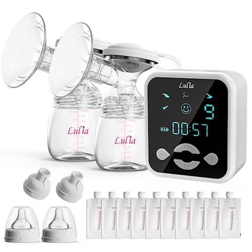 Lulia Electric Breast Pump with 10 Breastmilk Storage Bags, Breastfeeding Pump with 4 Modes and 9 Levels, Portable Breast Pump with 24mm Flanges, Strong Suction Power, Quiet, Pain Free