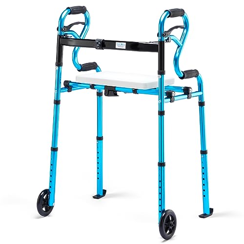 4 in 1 Folding Walker with Detachable Seat by Health Line Massage Products, Width Adjustable Folding Walkers with 5” Wheels and Extra 2 Skis, Compact Adults Walker for Seniors Support Up to 350lbs