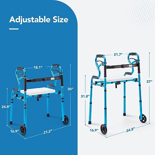 4 in 1 Folding Walker with Detachable Seat by Health Line Massage Products, Width Adjustable Folding Walkers with 5” Wheels and Extra 2 Skis, Compact Adults Walker for Seniors Support Up to 350lbs