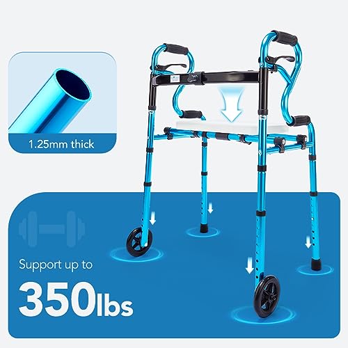 4 in 1 Folding Walker with Detachable Seat by Health Line Massage Products, Width Adjustable Folding Walkers with 5” Wheels and Extra 2 Skis, Compact Adults Walker for Seniors Support Up to 350lbs