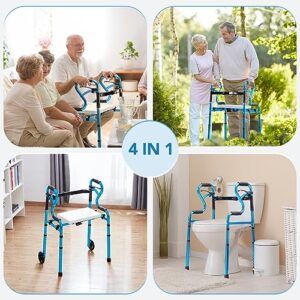 4 in 1 Folding Walker with Detachable Seat by Health Line Massage Products, Width Adjustable Folding Walkers with 5” Wheels and Extra 2 Skis, Compact Adults Walker for Seniors Support Up to 350lbs