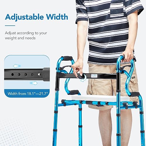 4 in 1 Folding Walker with Detachable Seat by Health Line Massage Products, Width Adjustable Folding Walkers with 5” Wheels and Extra 2 Skis, Compact Adults Walker for Seniors Support Up to 350lbs