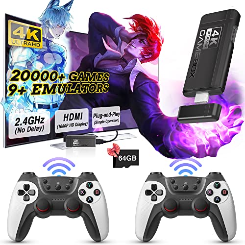 Wireless Retro Game Console, Equipped with 64G TF Card Plug and Play, Nostalgia Game Stick 4K 20000+ Games Built-in, 9 Classic Emulators, with Dual 2.4G Upgraded Wireless Controllers, White