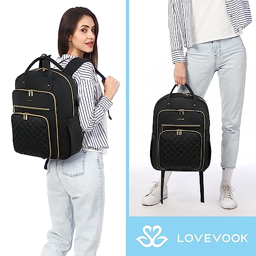 LOVEVOOK Laptop Backpack for Women, Large Capacity Travel Work Backpacks Purse, Stylish Quilted Water Resistant Nurse Teacher Computer Bag with USB Port, Fits 15.6 Inch Laptop