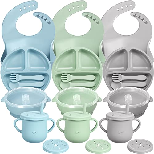 3 Sets Baby Led Weaning Supplies, Silicone Baby Feeding Set with Divided Plate Adjustable Bib Suction Bowl with Lid Snack Cup Soft Spoon Fork, Self Eating Utensil (Light Blue, Light Green, Light Gray)