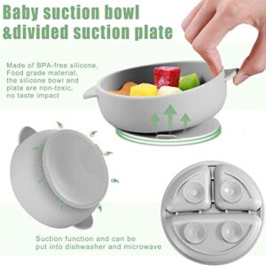 3 Sets Baby Led Weaning Supplies, Silicone Baby Feeding Set with Divided Plate Adjustable Bib Suction Bowl with Lid Snack Cup Soft Spoon Fork, Self Eating Utensil (Light Blue, Light Green, Light Gray)