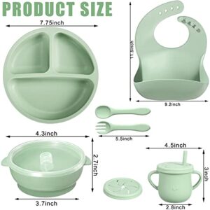 3 Sets Baby Led Weaning Supplies, Silicone Baby Feeding Set with Divided Plate Adjustable Bib Suction Bowl with Lid Snack Cup Soft Spoon Fork, Self Eating Utensil (Light Blue, Light Green, Light Gray)