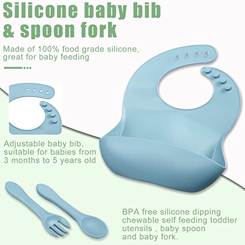 3 Sets Baby Led Weaning Supplies, Silicone Baby Feeding Set with Divided Plate Adjustable Bib Suction Bowl with Lid Snack Cup Soft Spoon Fork, Self Eating Utensil (Light Blue, Light Green, Light Gray)