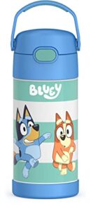 thermos funtainer 12 ounce stainless steel vacuum insulated kids straw bottle, bluey