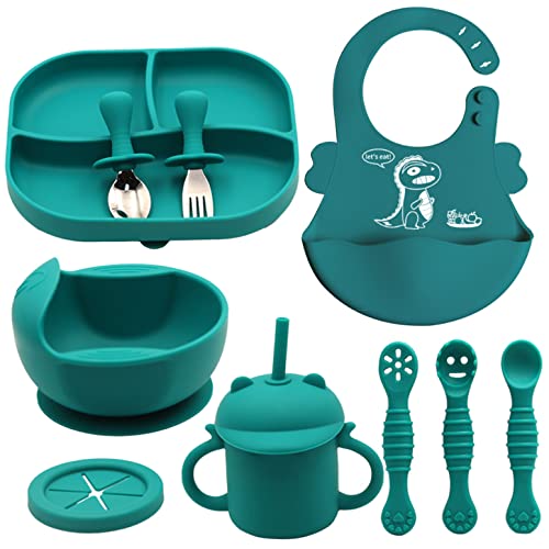 12Pcs Silicone Baby Feeding Set, Baby Led Weaning Supplies-BPA free Toddler Self Feeding sets,Baby Bib, Baby Suction plate,Baby Spoon Fork for Baby 6+ Months (Blackish Green)