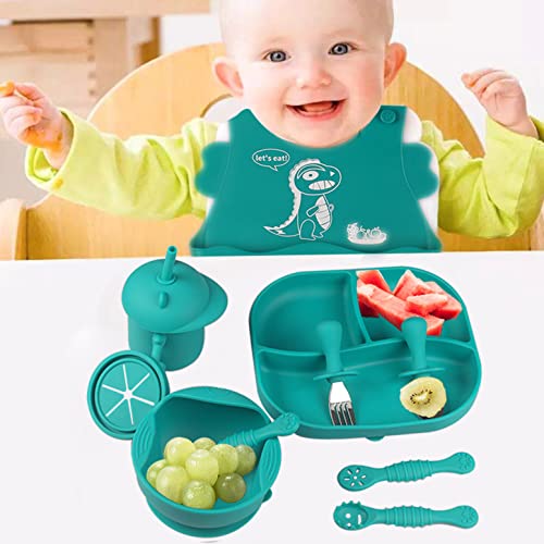 12Pcs Silicone Baby Feeding Set, Baby Led Weaning Supplies-BPA free Toddler Self Feeding sets,Baby Bib, Baby Suction plate,Baby Spoon Fork for Baby 6+ Months (Blackish Green)