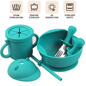 12Pcs Silicone Baby Feeding Set, Baby Led Weaning Supplies-BPA free Toddler Self Feeding sets,Baby Bib, Baby Suction plate,Baby Spoon Fork for Baby 6+ Months (Blackish Green)