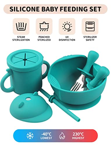 12Pcs Silicone Baby Feeding Set, Baby Led Weaning Supplies-BPA free Toddler Self Feeding sets,Baby Bib, Baby Suction plate,Baby Spoon Fork for Baby 6+ Months (Blackish Green)