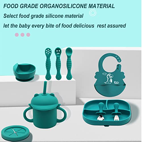 12Pcs Silicone Baby Feeding Set, Baby Led Weaning Supplies-BPA free Toddler Self Feeding sets,Baby Bib, Baby Suction plate,Baby Spoon Fork for Baby 6+ Months (Blackish Green)