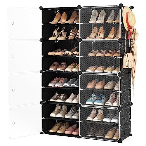 LANTEFUL Shoe Rack Organizer Shoe Storage Cabinet 8 Tiers 32 Pair Portable Shoe Storage Sturdy Plastic Black Shoe Shelf with Hooks Shoe Rack with Door for Entryway, Bedroom and Hallway