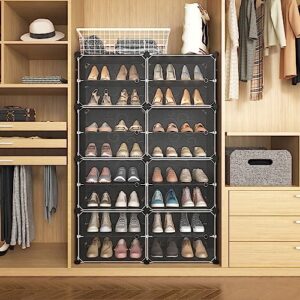 LANTEFUL Shoe Rack Organizer Shoe Storage Cabinet 8 Tiers 32 Pair Portable Shoe Storage Sturdy Plastic Black Shoe Shelf with Hooks Shoe Rack with Door for Entryway, Bedroom and Hallway