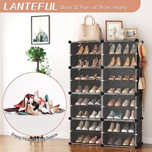 LANTEFUL Shoe Rack Organizer Shoe Storage Cabinet 8 Tiers 32 Pair Portable Shoe Storage Sturdy Plastic Black Shoe Shelf with Hooks Shoe Rack with Door for Entryway, Bedroom and Hallway